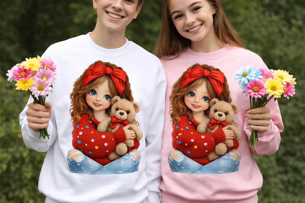 Cute Girl with Teddy Graphic Crewneck Sweatshirt – Lilybugsdesignshop